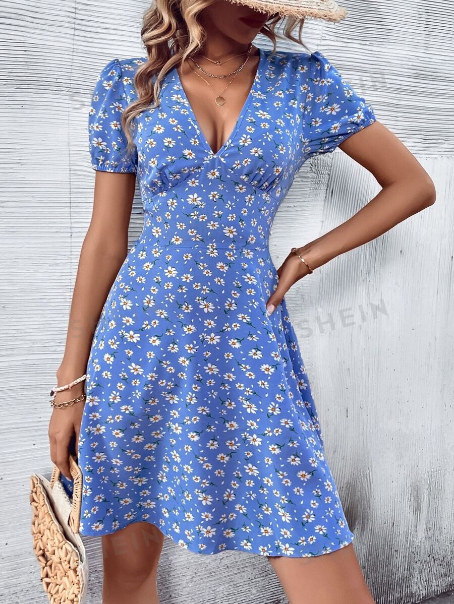 Shein Vcay Allover Floral Print Puff Sleeve Dress For Sale Australia