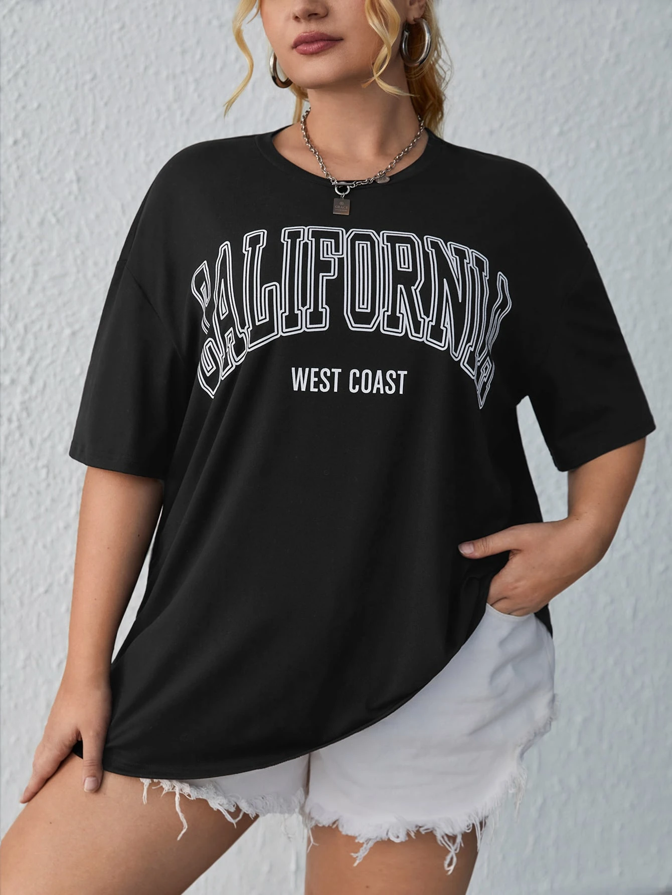 SHEIN EZwear Plus Letter Graphic Drop Shoulder Short Sleeve Tee | SHEIN USA