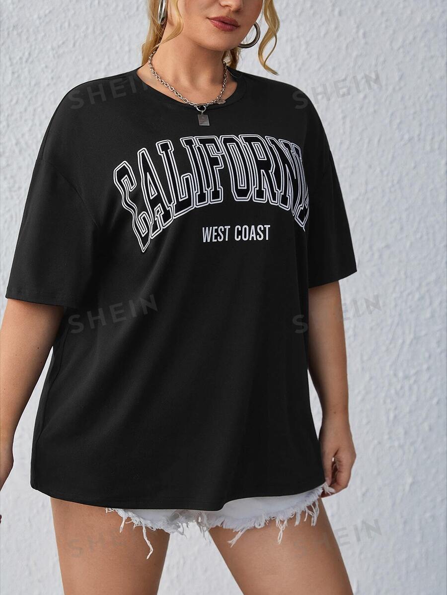 SHEIN EZwear Plus Letter Graphic Drop Shoulder Short Sleeve Tee | SHEIN USA