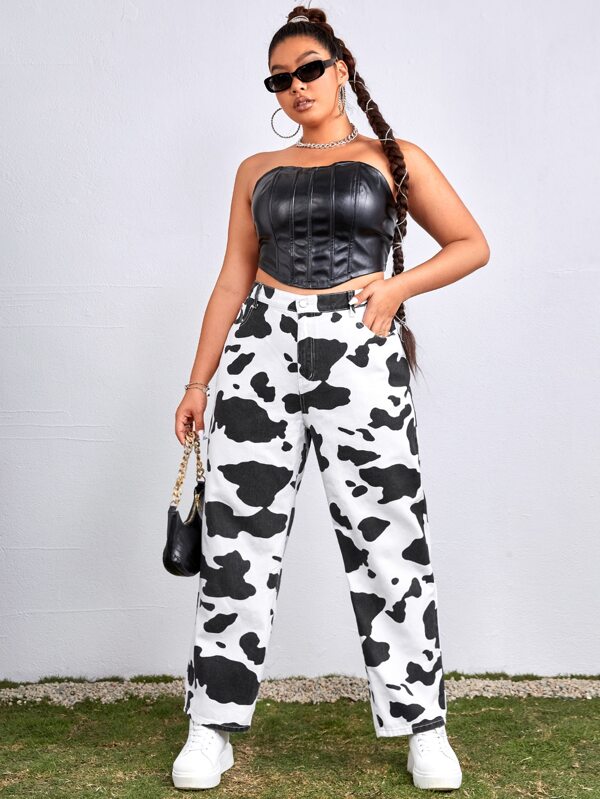 SHEIN Plus Cow Print Wide Leg Jeans | SHEIN USA