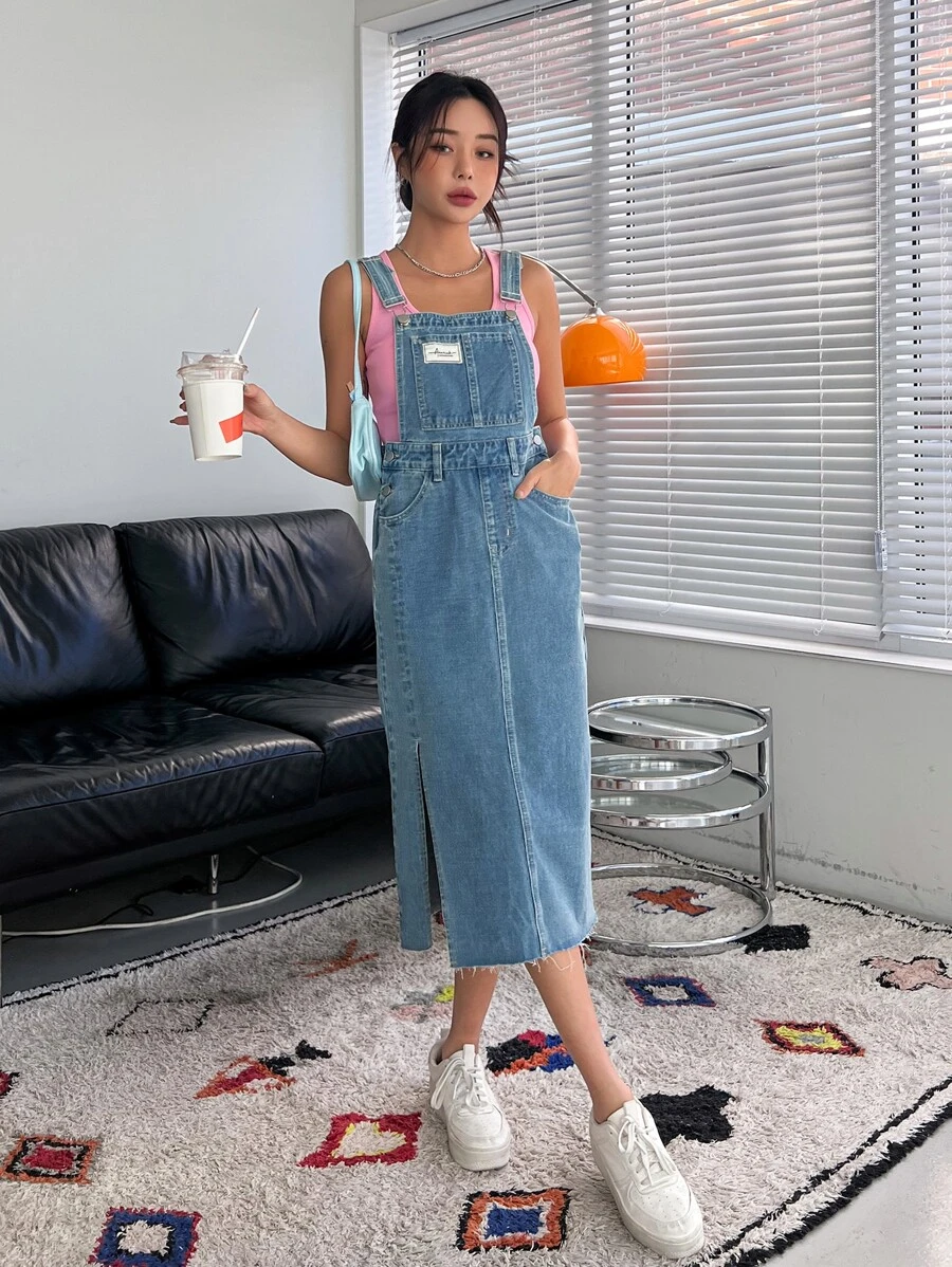 FRIFUL Robe Salopette En Denim Avec Ourlet Haut-bas Et Poches ...