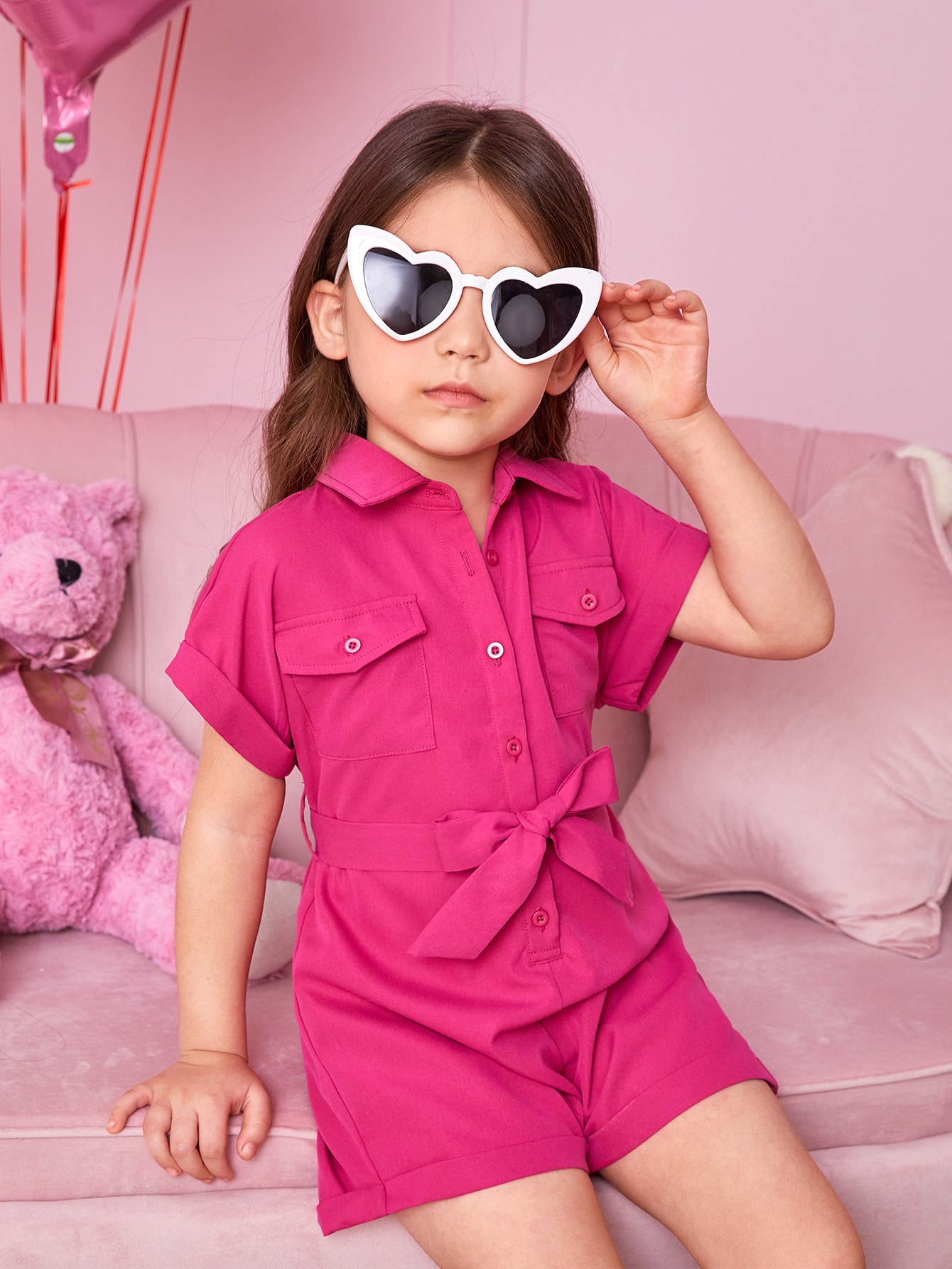 SHEIN Kids Y2Kool Niñas Mono camisero con bolsillo con solapa con cinturón