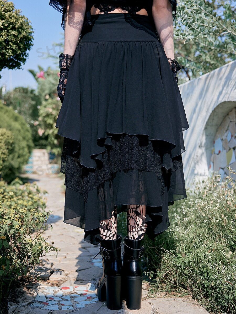 ROMWE Goth Contrast Lace Asymmetrical Skirt | SHEIN USA