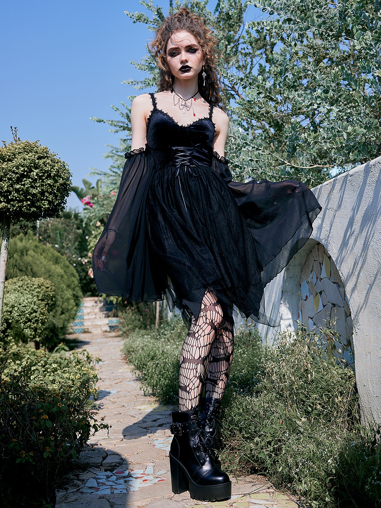 Goth Lace Up Mesh Overlay Dress | SHEIN UK