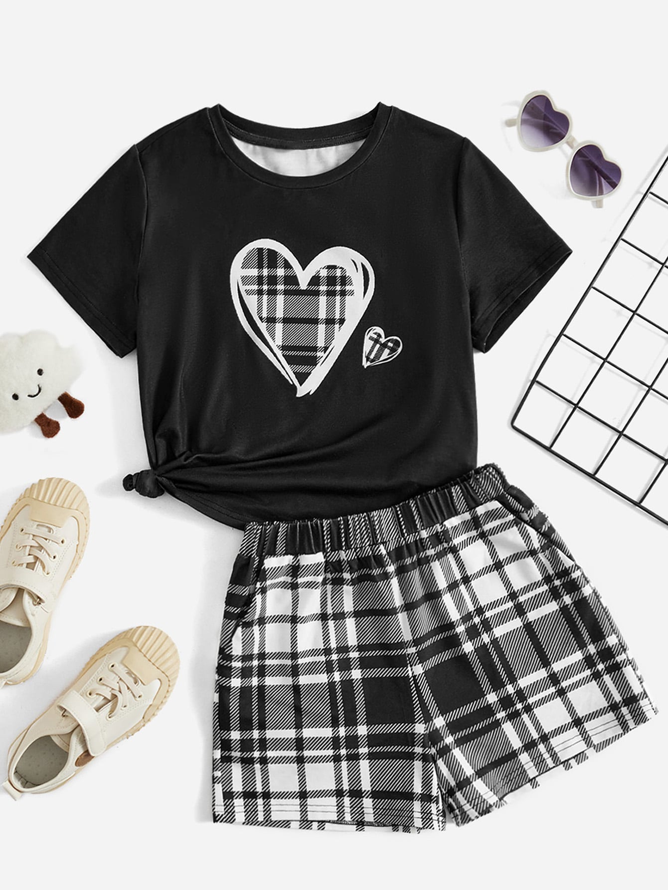 SHEIN Tween Girl Heart & Plaid Print PJ Set | SHEIN EUR