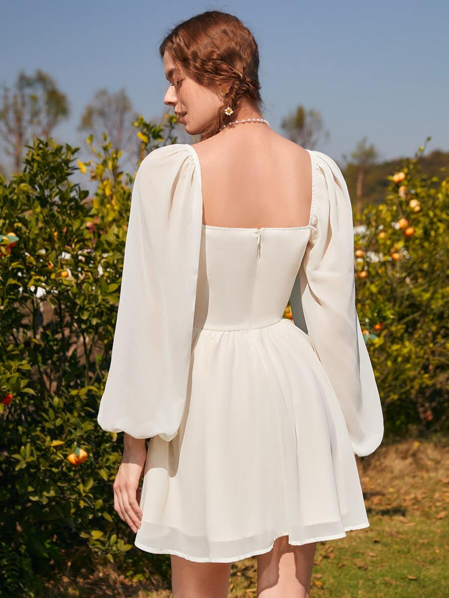 SHEIN MOD Spring Break Dress With Sleeves Sweetheart Neck Lantern Sleeve Ruched Bust Dress ...