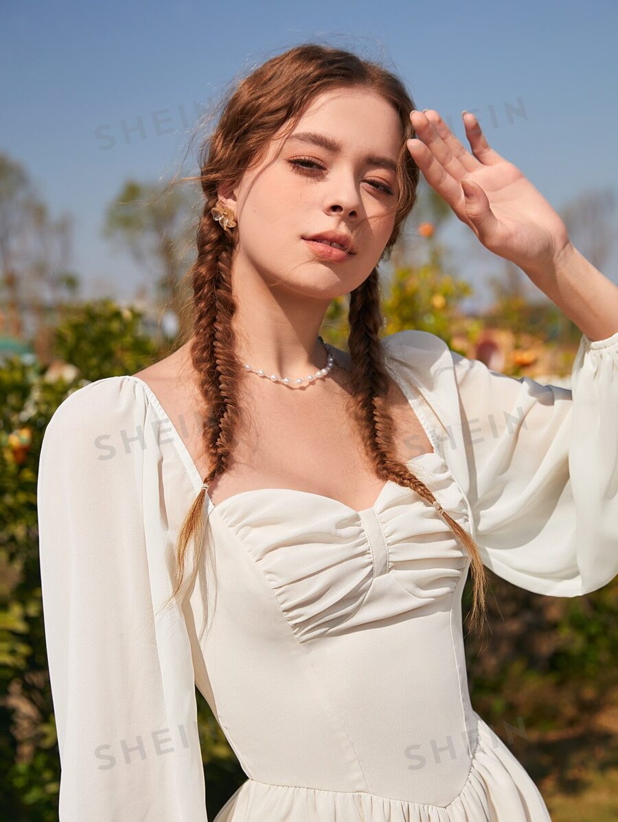 SHEIN MOD Spring Break Dress With Sleeves Sweetheart Neck Lantern ...