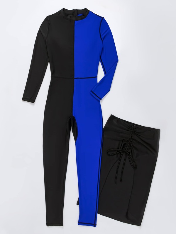 Full Body Two Tone One Piece Swimsuit With Cover Up Skirt | SHEIN USA