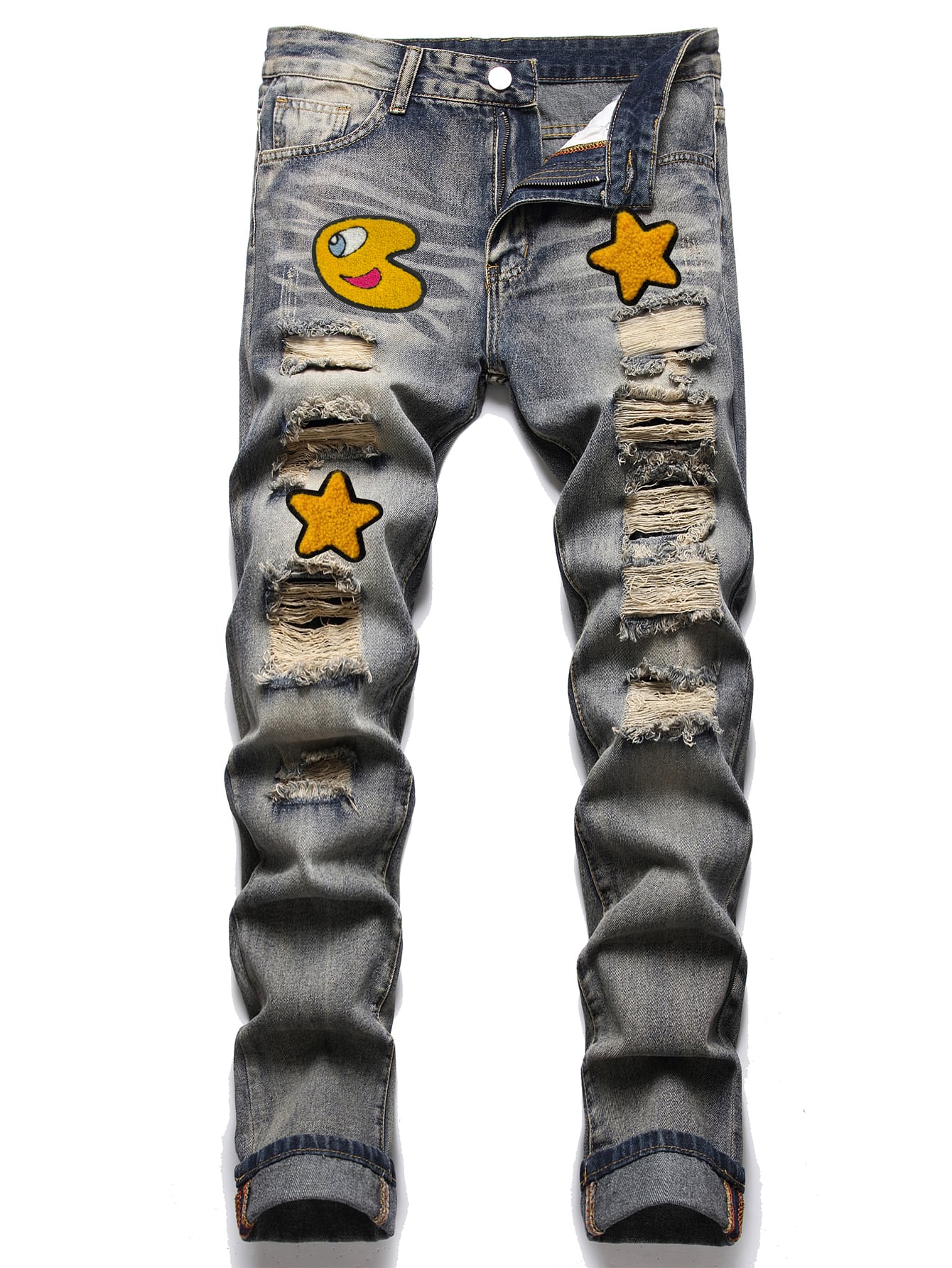 Men Star Patched Ripped Jeans