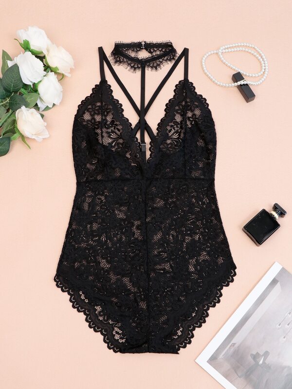 Floral Lace Teddy Bodysuit With Choker | SHEIN USA