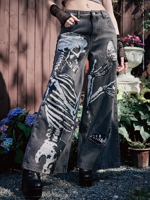 ROMWE Goth Skeleton & Butterfly Print Wide Leg Jeans | SHEIN USA