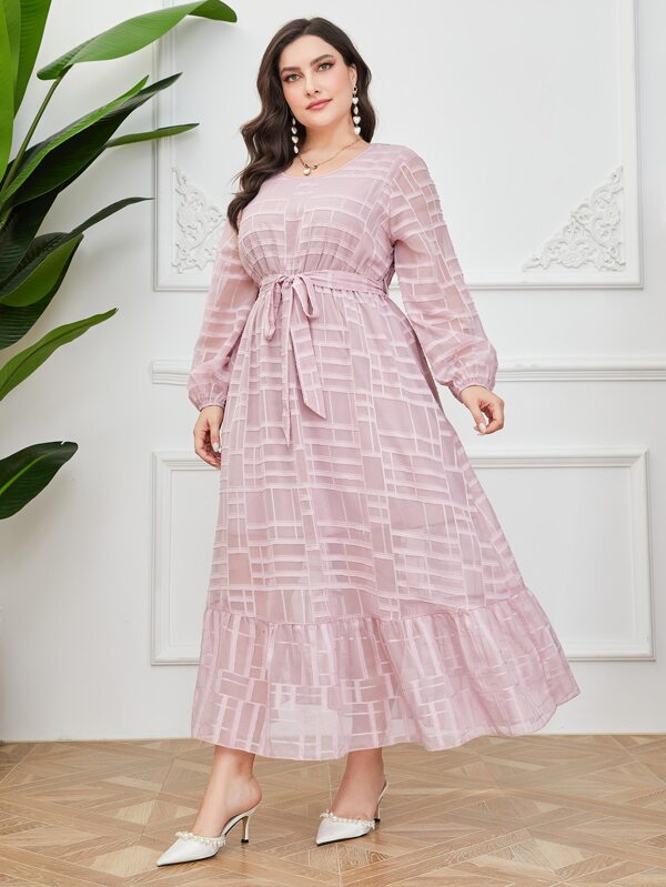 SHEIN Mulvari Plus Allover Print Ruffle Hem Belted Dress | SHEIN