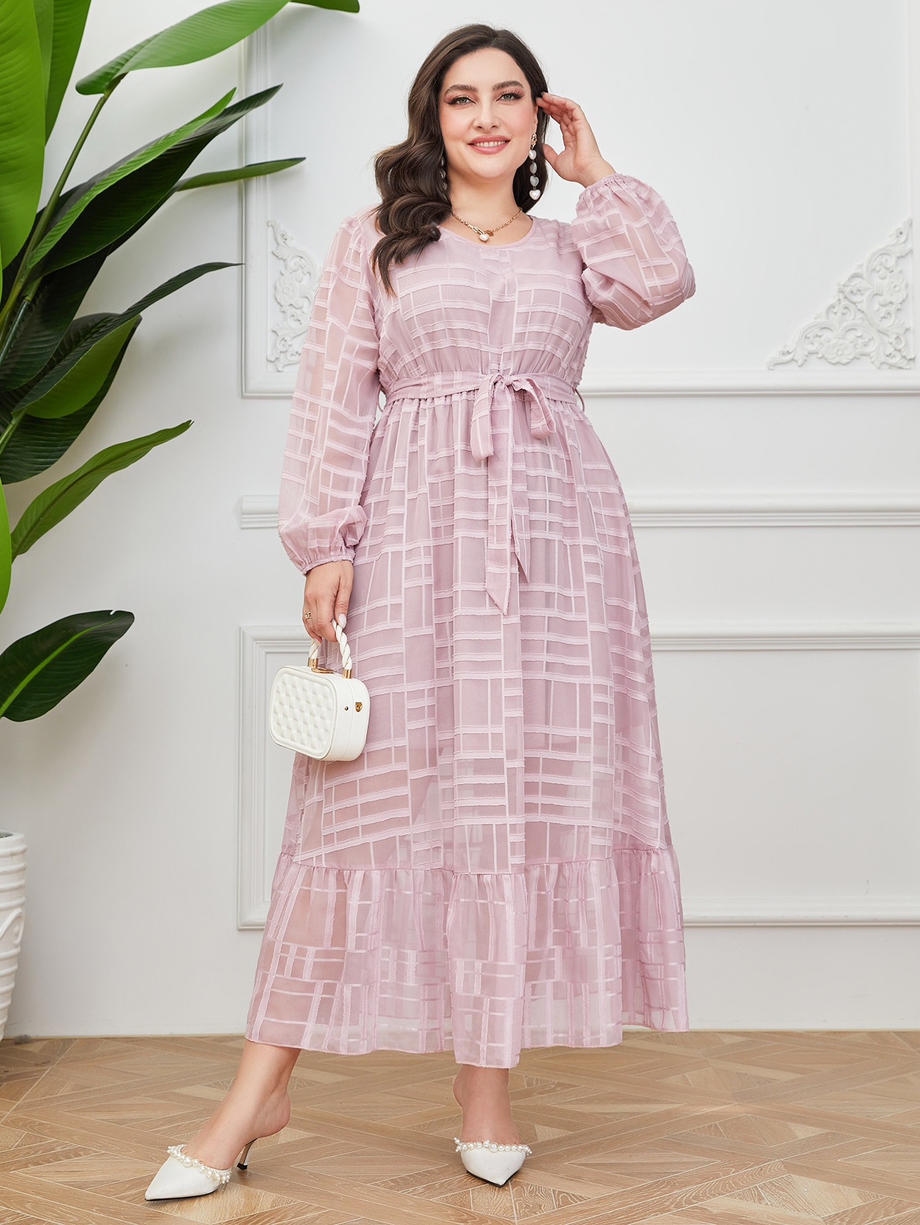 Shein Mulvari Plus Allover Print Ruffle Hem Belted Dress Shein