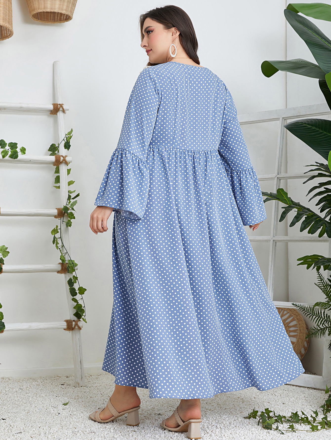 Shein Najma Plus Polka Dot Tassel Trim Flounce Sleeve Dress Shein Uk
