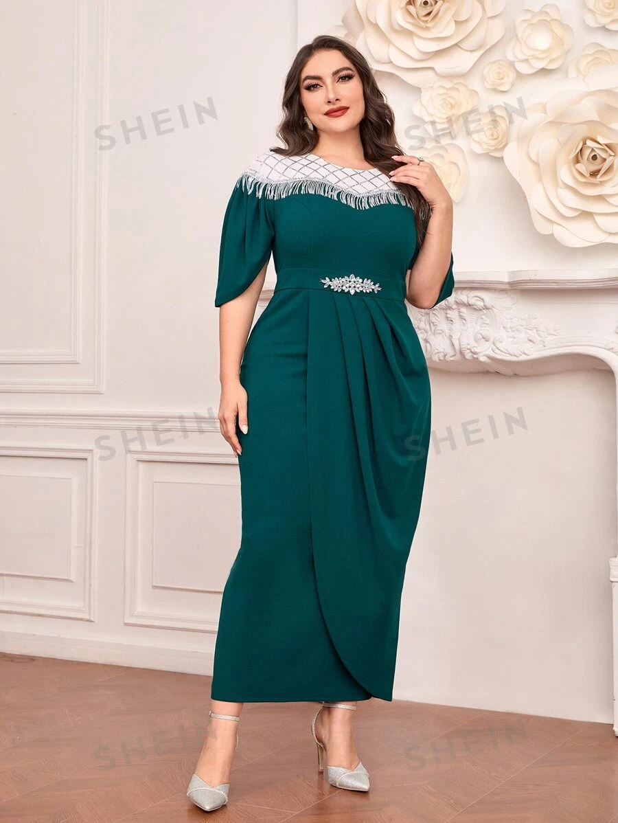 SHEIN Modely Plus Plaid Pattern Rhinestone Detail Dress | SHEIN USA