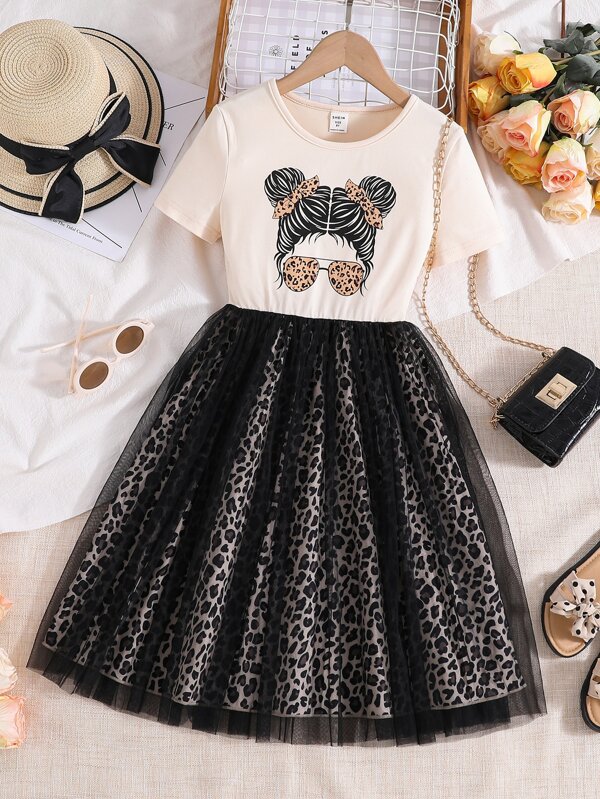 SHEIN Kids EVRYDAY Girls Leopard & Figure Graphic Mesh Hem Dress ...