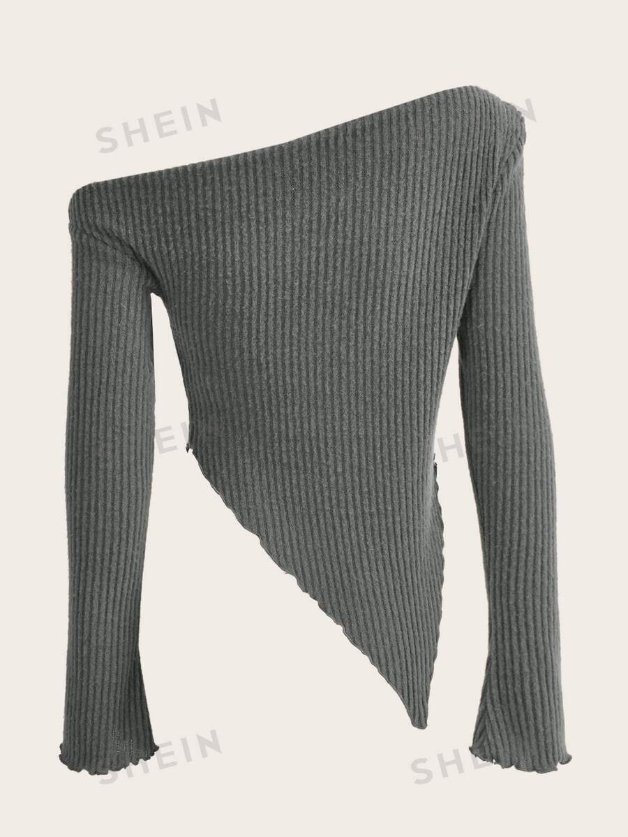 Shein X Virginia And Zefelipe Grunge Asymmetrical Neck Rib Knit Tee For