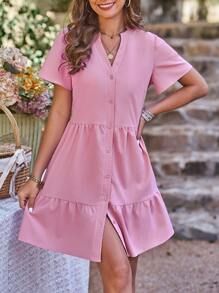 SHEIN VCAY Button Front Ruffle Hem Smock Dress | SHEIN USA