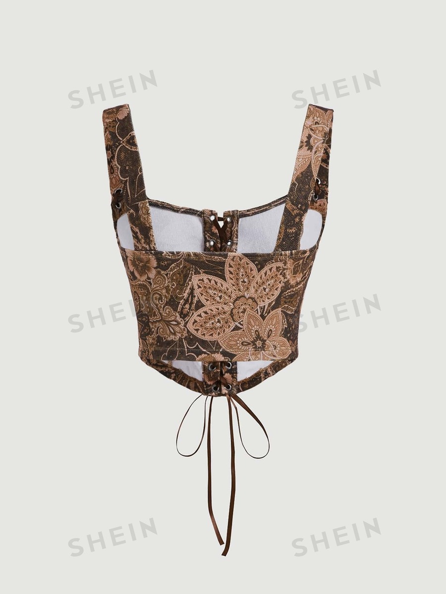 SHEIN MOD Paisley Print Grommet Lace Up Front Wide Strap Top | SHEIN UK