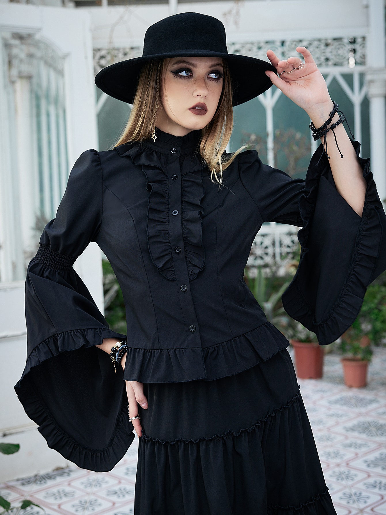 Goth Ruffle Trim Flounce Sleeve Shirt | SHEIN UK