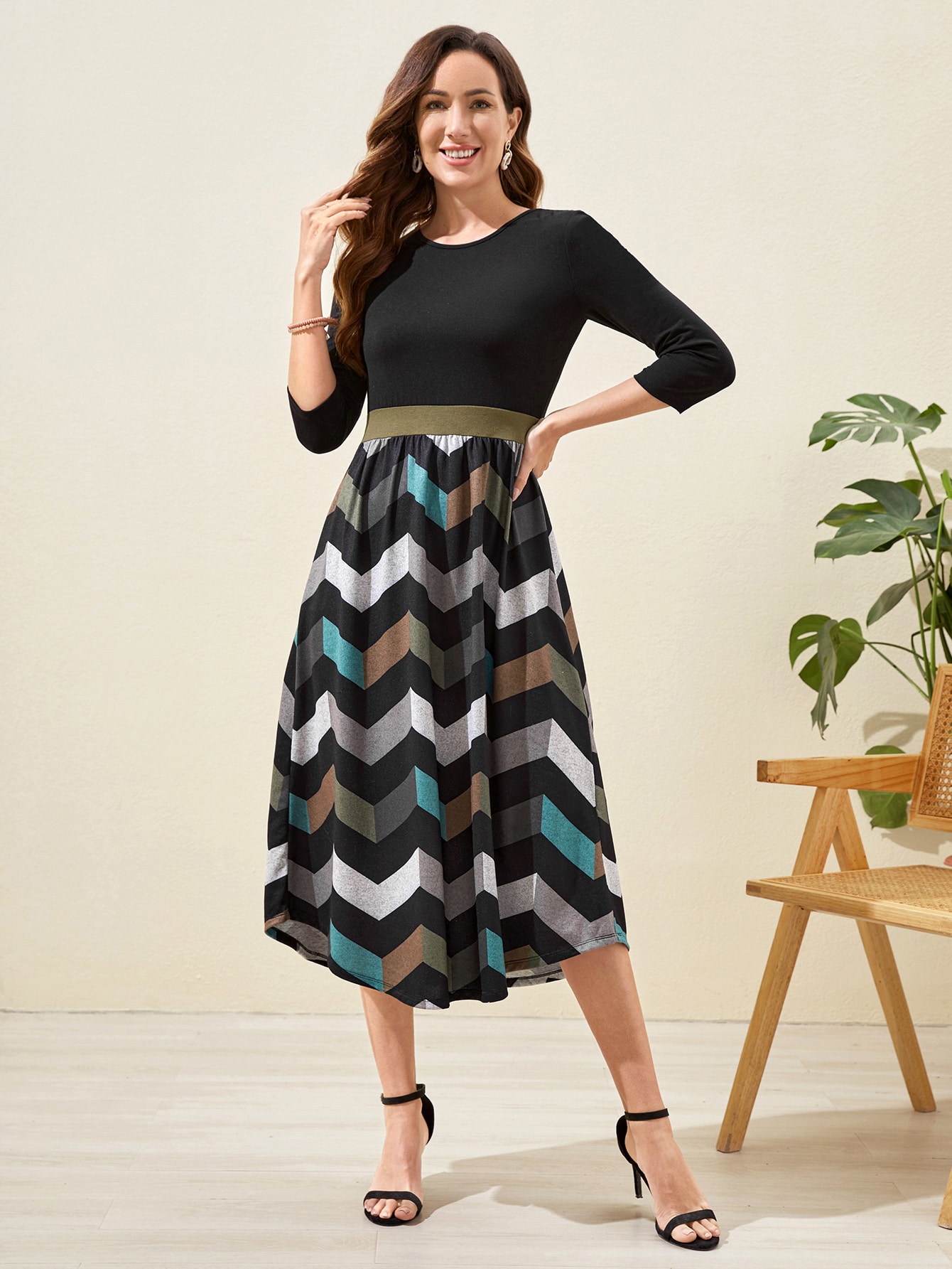 EMERY ROSE Chevron Print A-line Dress | SHEIN USA