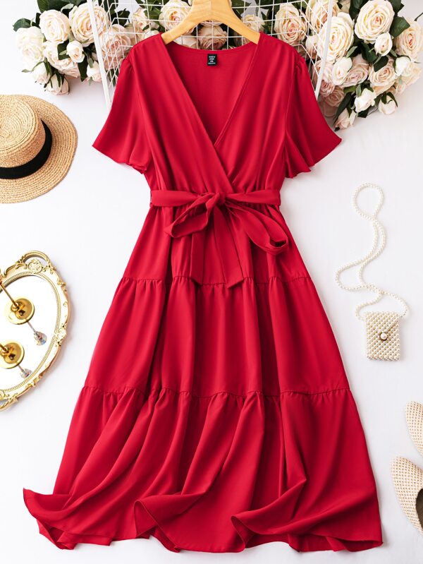 Shein Lune Plus Overlap Collar Ruffle Hem Belted Dress Shein Eur