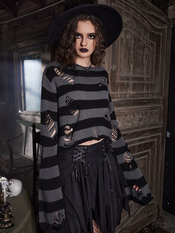 Goth Striped Pattern Distressed Sweater | SHEIN UK