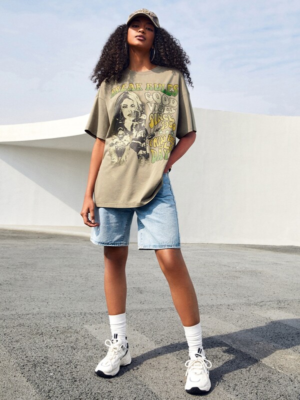 Shein Coolane Slogan And Figure Graphic Drop Shoulder Tee Shein Usa