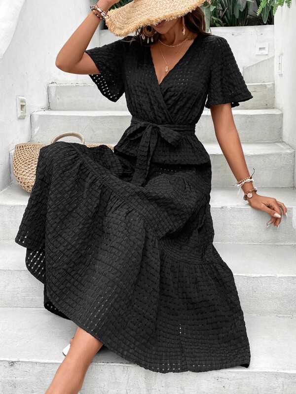 SHEIN VCAY Solid Belted Layered Hem Dress | SHEIN USA