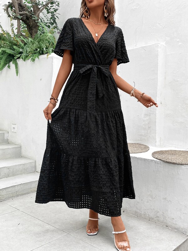 SHEIN VCAY Solid Belted Layered Hem Dress | SHEIN USA