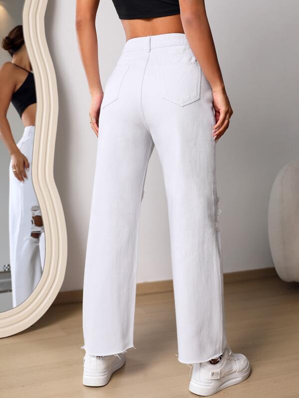 SHEIN EZwear Ripped Raw Cut Straight Leg Jeans | SHEIN USA