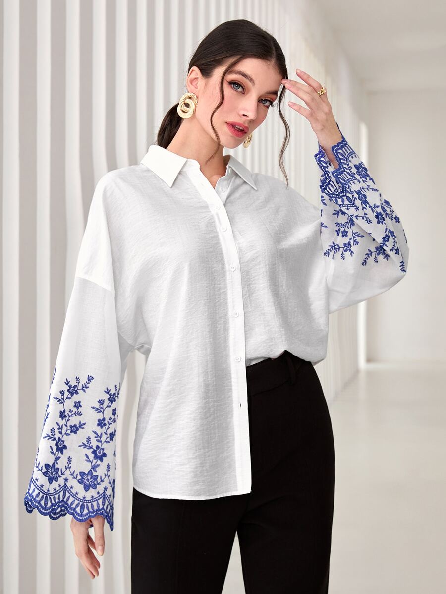 Mulvari Floral Embroidery Drop Shoulder Shirt | SHEIN USA