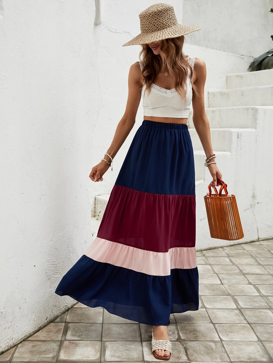 SHEIN VCAY Colorblock Ruffle Hem Skirt | SHEIN USA