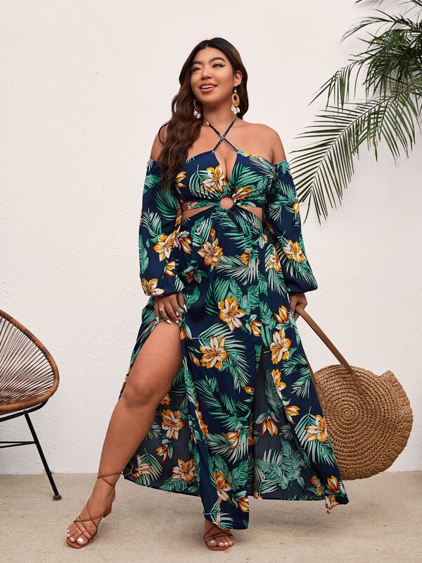 SHEIN VCAY Plus Tropical Print Split Thigh Dress | SHEIN USA