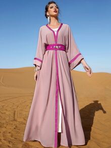 SHEIN Najma Contrast Trim Trumpet Sleeve Belted Abaya | SHEIN USA