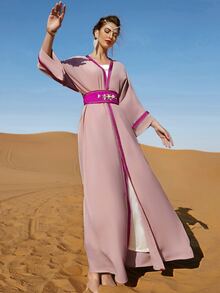 SHEIN Najma Contrast Trim Trumpet Sleeve Belted Abaya | SHEIN USA