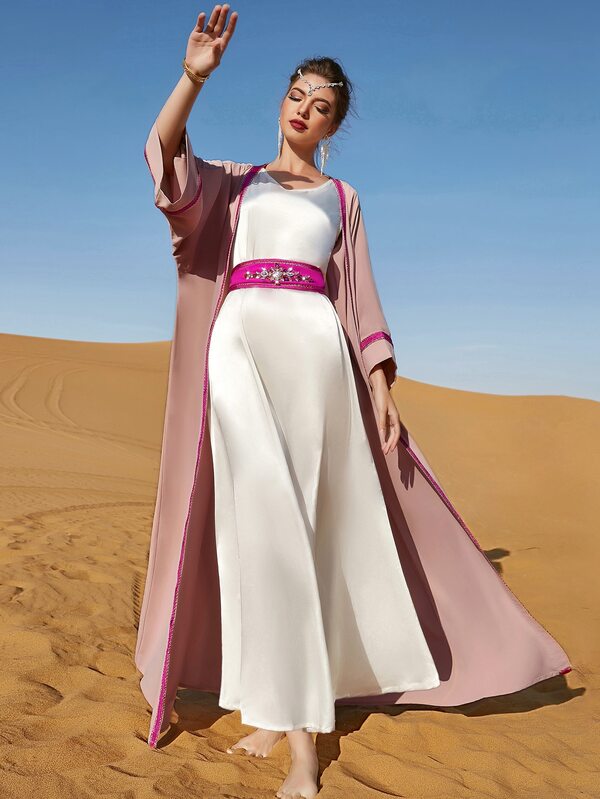 SHEIN Najma Contrast Trim Trumpet Sleeve Belted Abaya | SHEIN USA