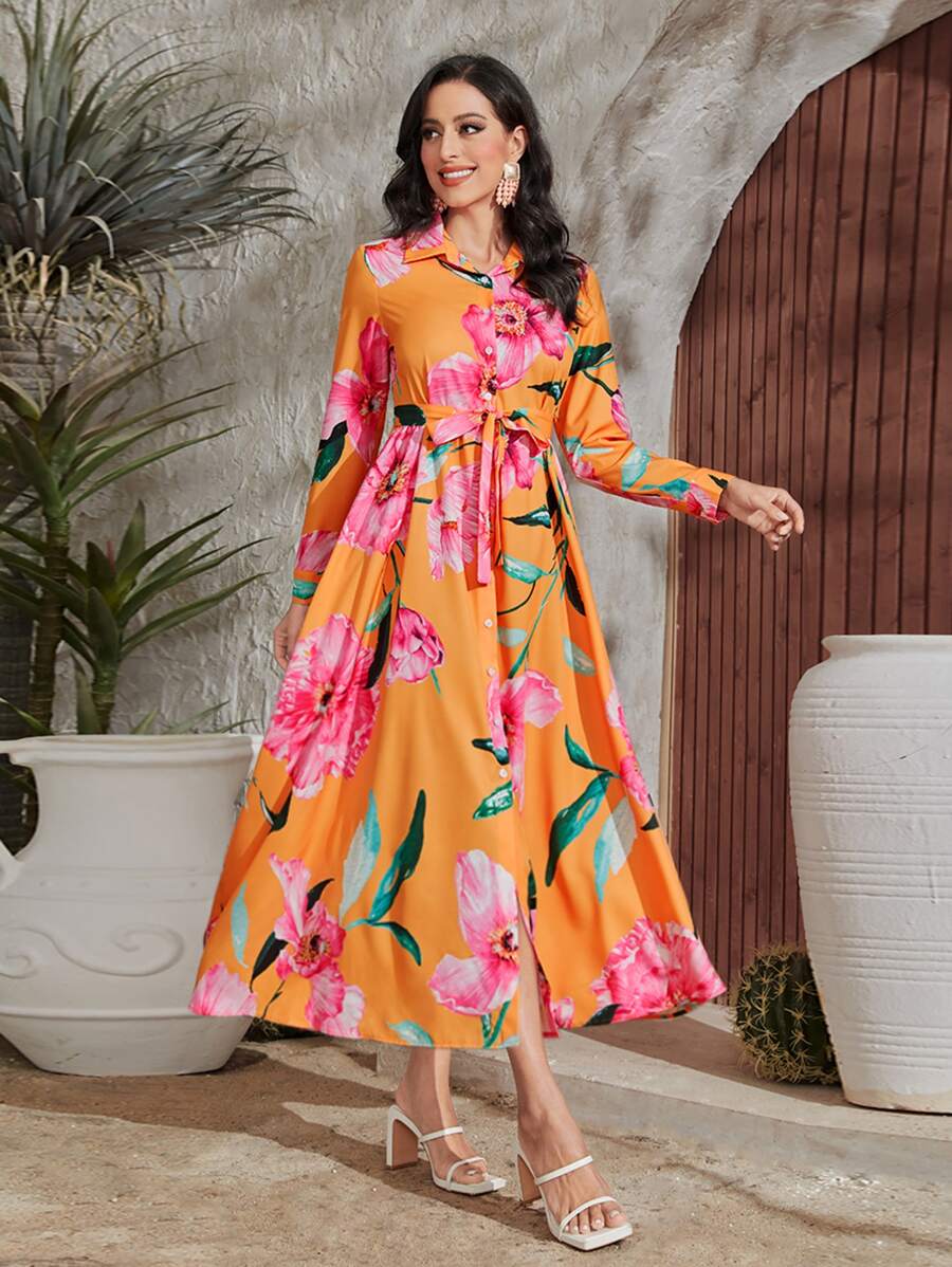 Mulvari Floral Print Belted Shirt Dress | SHEIN USA