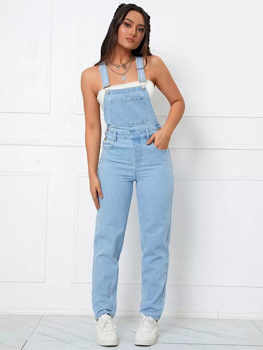 Patched Pocket Denim Overalls Without Tube Top | SHEIN USA