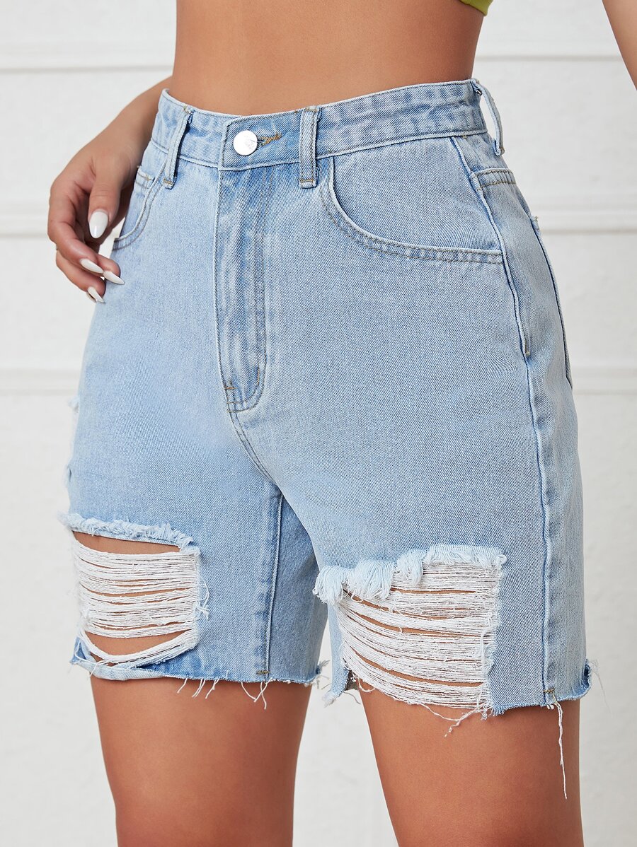Ripped Raw Hem Denim Shorts | SHEIN USA