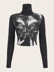 SHEIN ICON Butterfly Print High Neck Crop Tee | SHEIN USA