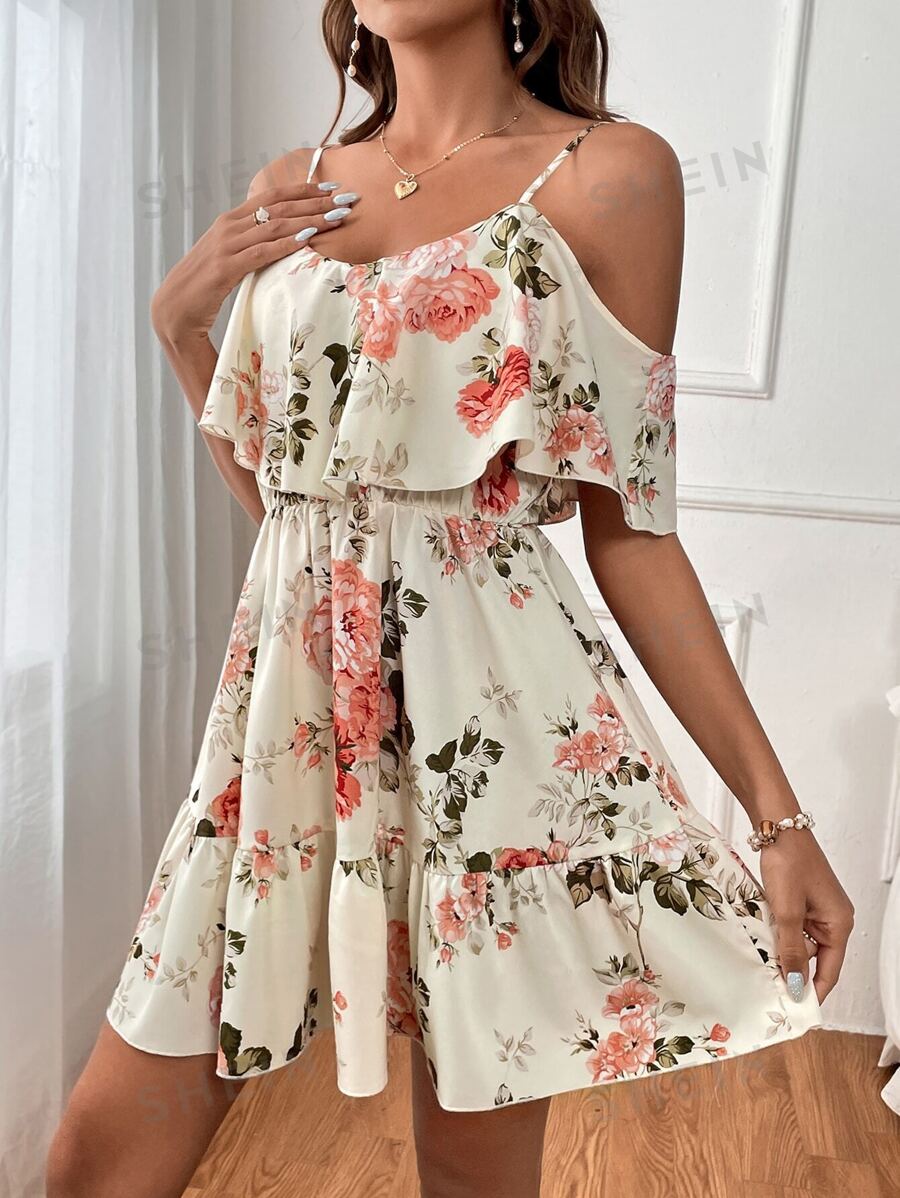 SHEIN Clasi Romantic Flower And Plant Printed Off-The-Shoulder Ruffle ...