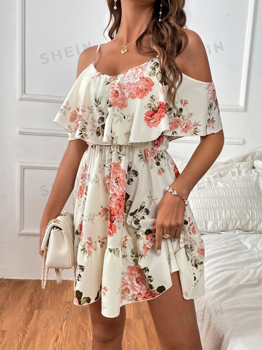 SHEIN Clasi Romantic Flower And Plant Printed Off-The-Shoulder Ruffle ...