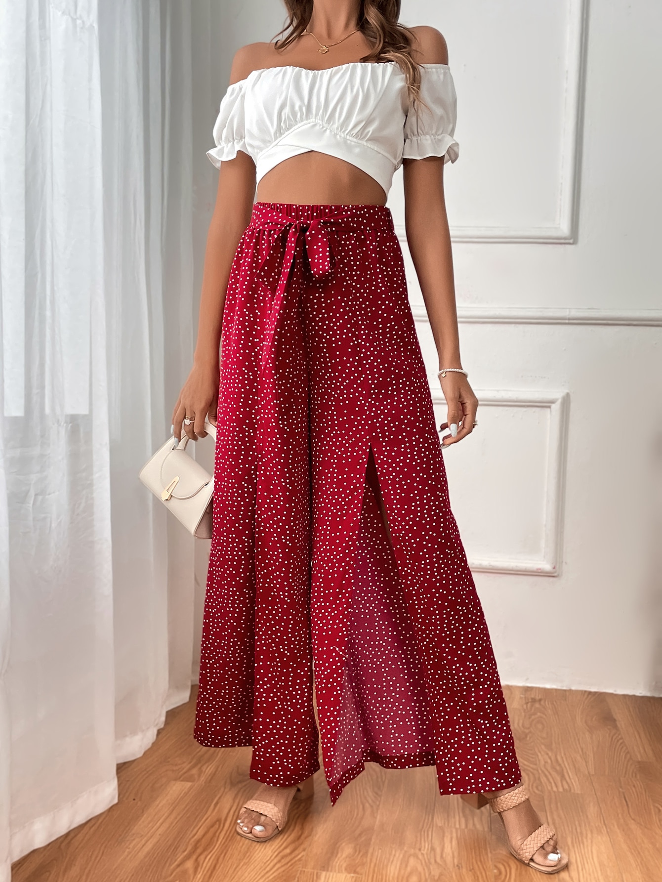 Shein Vcay Polka Dot Split Thigh Belted Wide Leg Pants Shein Usa