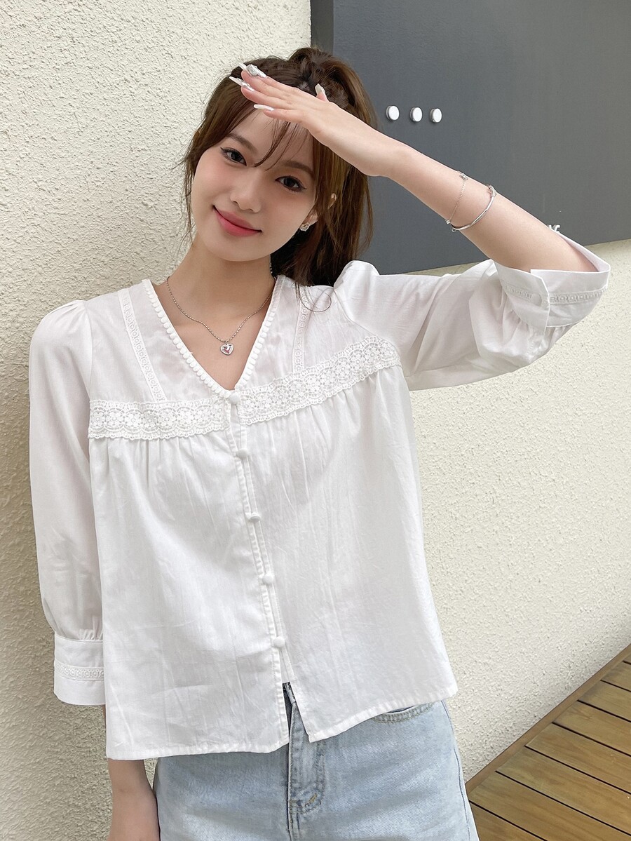DAZY Lace Insert Button Front Puff Sleeve Blouse | SHEIN USA