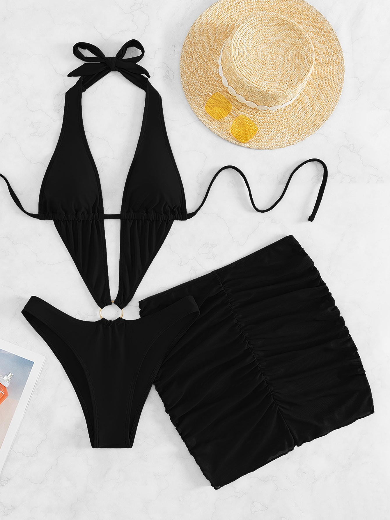 Shein Swim Sxy Solid Ring Linked One Piece Swimsuit And Beach Skirt