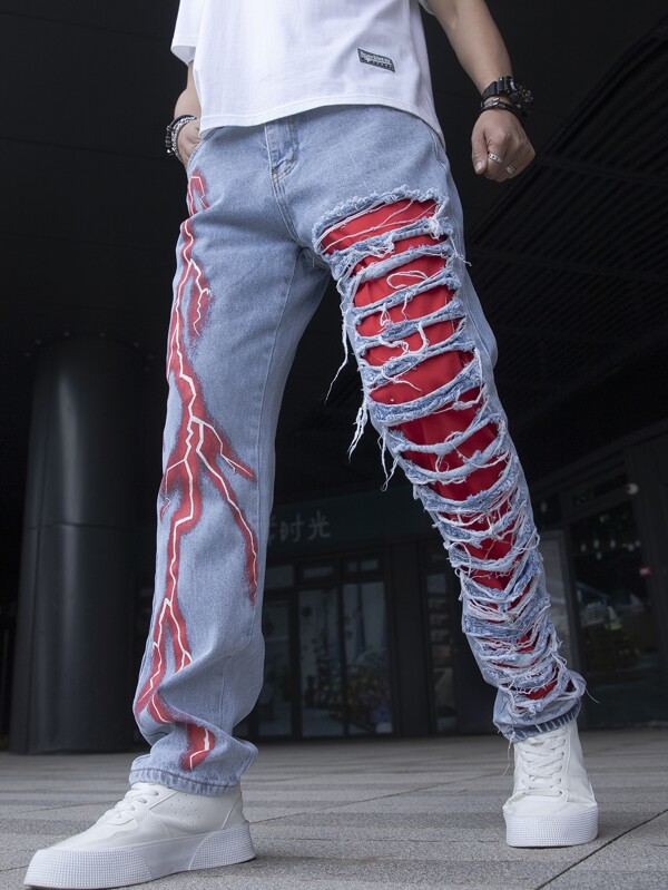 Manfinity EMRG Men Cotton Lightning Print Straight Leg Jeans | SHEIN UK