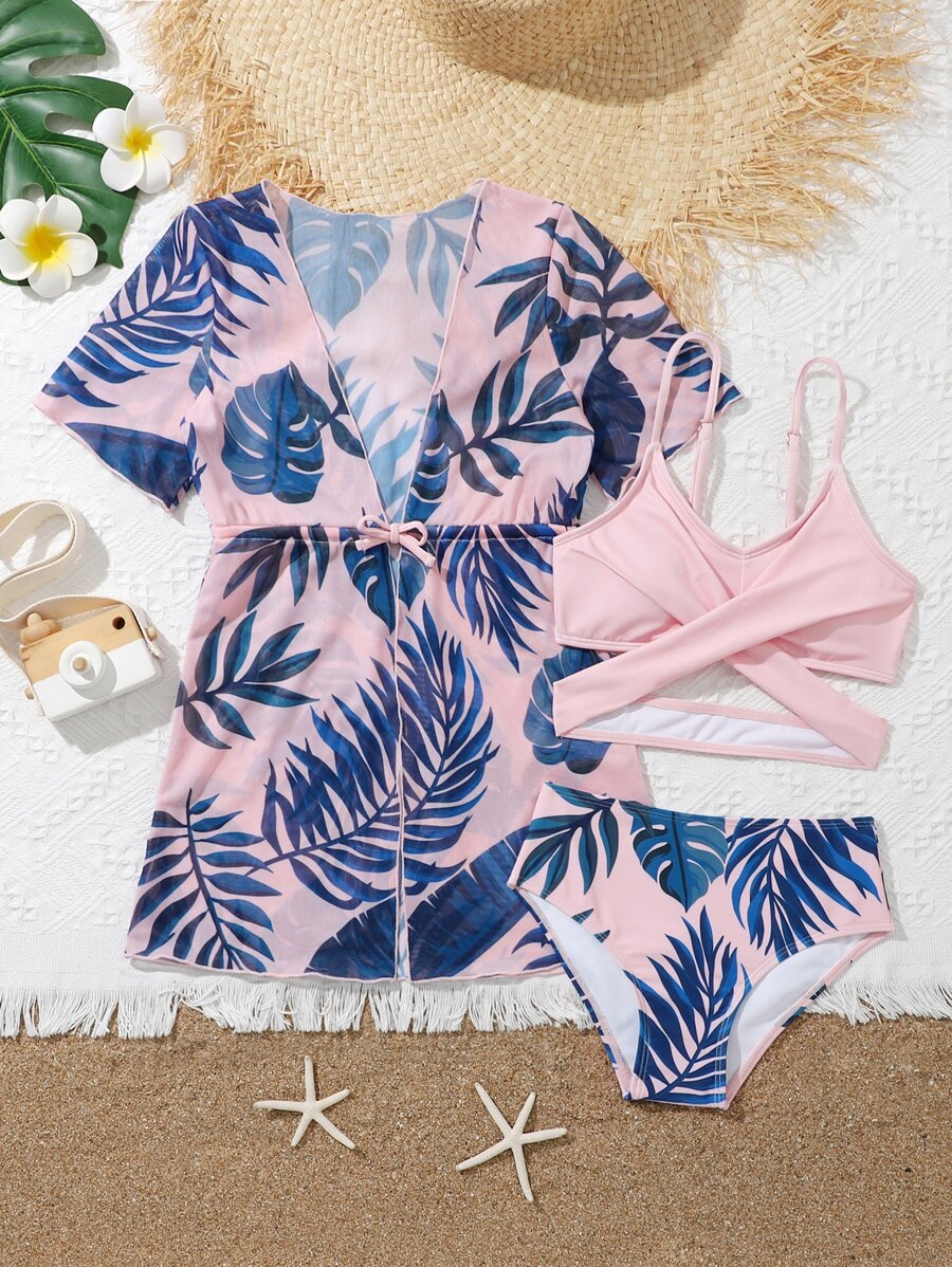 Conjunto de biquíni Tween Girl 3packs com estampa tropical cruzada nas ...
