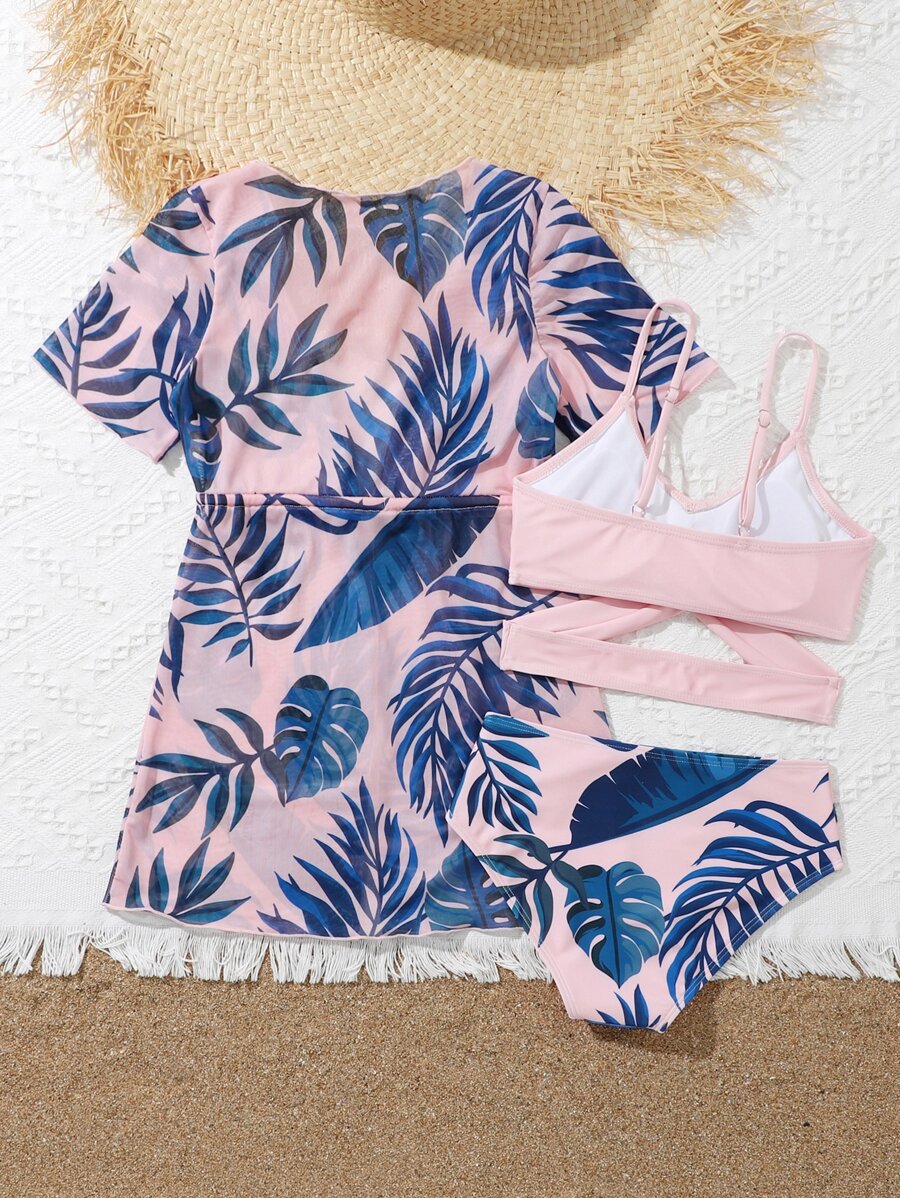 Conjunto de biquíni Tween Girl 3packs com estampa tropical cruzada nas ...