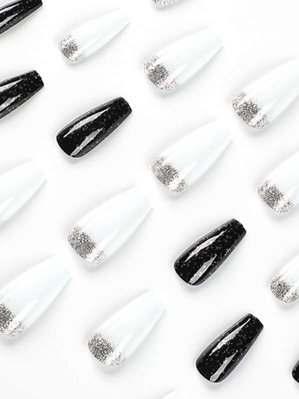 Upgrade Your Look With 24pcs Long Coffin Black And White Glitter Fake